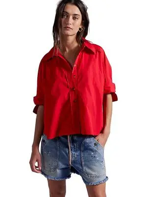 Free People We The Free Seaside Cotton Button-down Top - High Risk Red