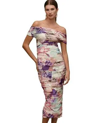 Bhldn Stretch Mesh Off-shoulder Maxi Dress - Lavandar Abstract Floral