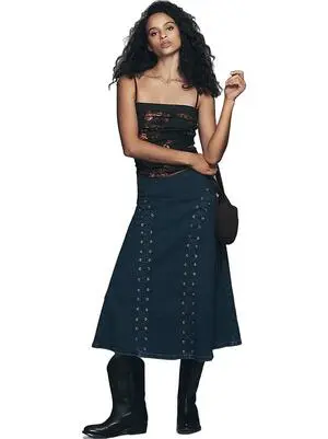 TT STUDIOS Grommet Denim Midi Skirt