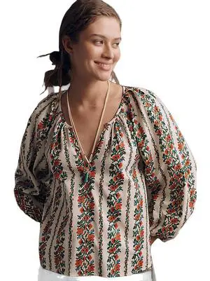 The Great. Chariot Long-sleeve V-neck Top - Tapestry Floral