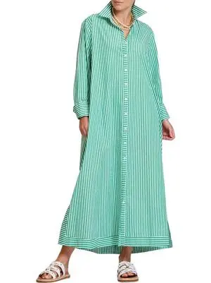 SHIRTY Sybil Stripe Cotton Shirt Dress - Pea Green Stripe