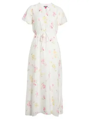 Vince Camuto Floral Split Neck Midi Dress - Lemon Cream