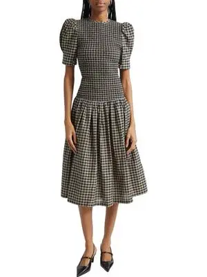 TANNER FLETCHER Gender Inclusive Imelda Smocked Plaid Midi Dress - Black