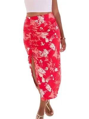 LASCANA Ruched Slit Midi Skirt - Red Printed