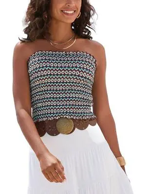 LASCANA Smocked Strapless Printed Cropped Top - Blue Multi