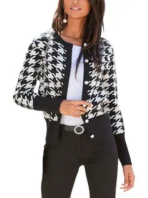 LASCANA Pearl Button Houndstooth Cardigan - Black Patterned