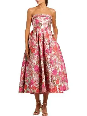 Mac Duggal Floral Brocade A-line Midi Dress - Pink Multi