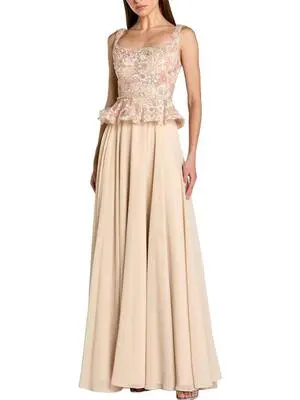 Mac Duggal Embroidered Peplum Top Chiffon Skirt Gown - Champagne