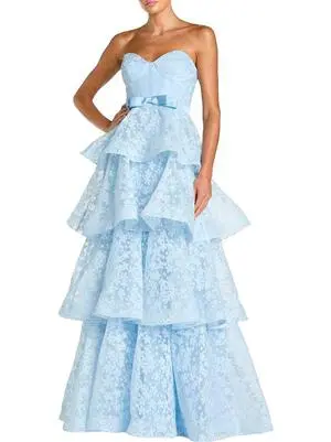 Mac Duggal Strapless Floral Organza Tiered Gown With Bow - Powder Blue