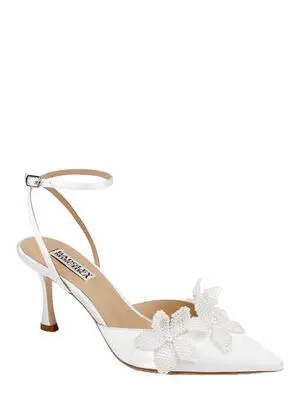 Badgley Mischka Whitman Pointed Toe Pump With Ankle Strap White Satin