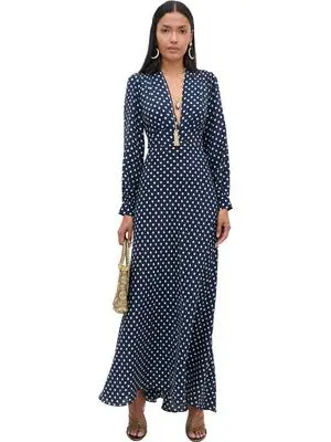 Rixo Emory Runway Spot Silk Maxi Dress - Navy