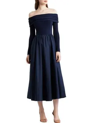 Eliza J Off-the-shoulder Long Sleeve Midi Dress - Navy