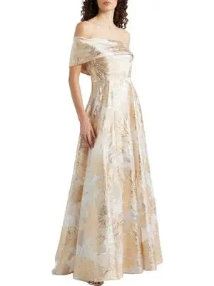 Eliza J One-shoulder Metallic Jacquard Gown - Champagne