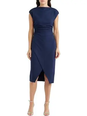 Vince Camuto Cap-sleeve Ruched Scuba Crepe Midi Dress - Navy
