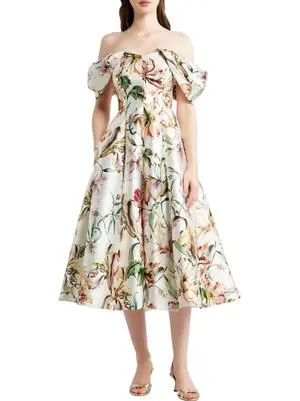 Eliza J Off-the-shoulder Floral Midi Dress - Ivory Mult