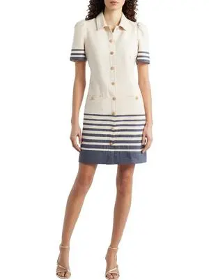 Eliza J Stripe Trim Snap Front Shirtdress - Ivory Navy