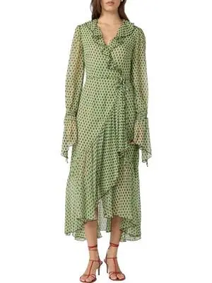 Diane Von Furstenberg Thena Polka Dot Ruffle Trim Wrap Midi Dress - Jelly Polka Dot