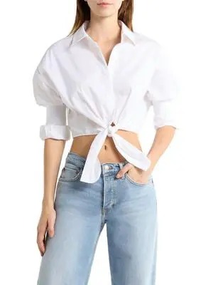 Staud Lisa Crop Button-up Top With Tie Waist - White