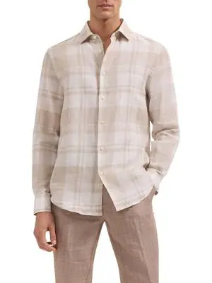 Bugatchi Julian Shaped Fit Plaid Linen Button-up Shirt - Sand