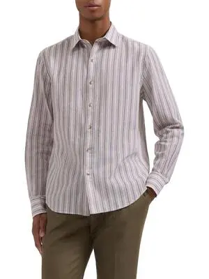 Bugatchi Julian Shaped Fit Stripe Cotton & Linen Button-up Shirt Camel