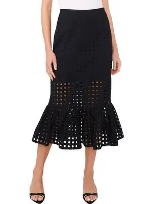 CECE DUPRAZ Eyelet Ruffle Hem Cotton Midi Skirt Rich Black