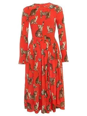 Dolce & Gabbana Long-sleeve Cat-print Midi Dress - Red
