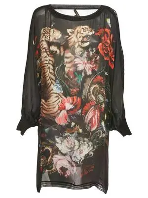 Roberto Cavalli Silk Floral Mini Dress - Black