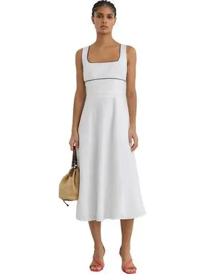 REISS Petite Linen Midi Dress With Contrast Trim - Ivory