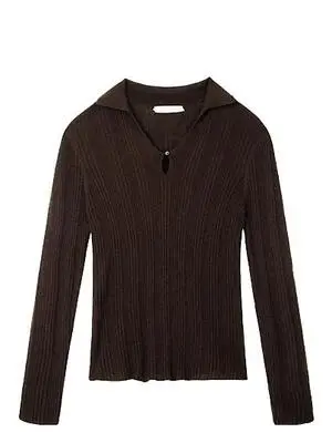 THE WHITE COMPANY Ribbed Wool And Cashmere-blend Polo Top - Dark Choc