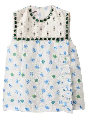 Miu Miu Cloqué Mini-dress With Crystals - White/light Blue