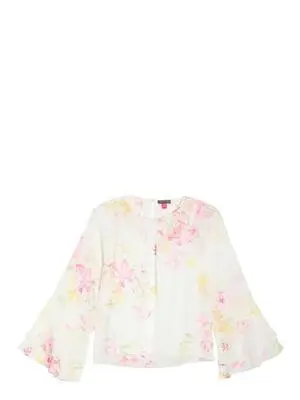 Vince Camuto Floral Ruffle Sleeve Top - Lemon Cream