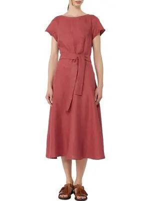 Max Mara Esordio Belted Linen Canvas A-line Midi Dress Cherry
