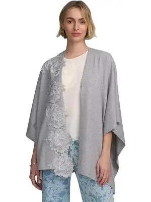 ELLE COLLECTION Fine Gauge Draped Cardigan With Lace Appliqu - Heather Grey