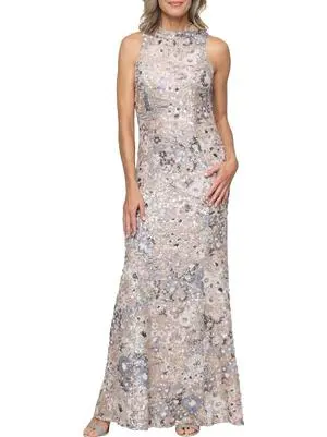 Alex Evenings Sequin Floral Stretch Gown - Taupe Multi