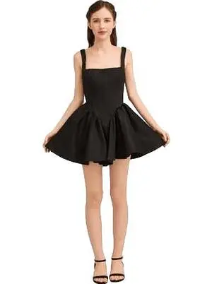 TULLEEN Square-neck Flared Dress - Black