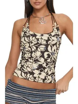Princess Polly Floral Beaded Halter Top - Brown Floral