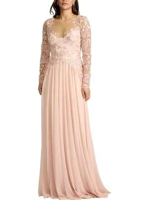 Tadashi Shoji Illusion Lace Embroidered Sleeve Gown - Pale Pink