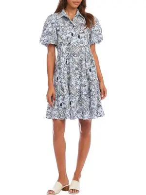 Karen Kane Tiered Puff Sleeve Shirtdress - Blue Multi