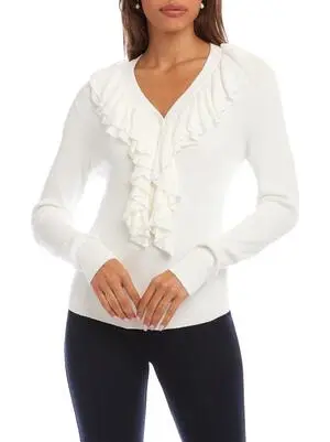Karen Kane Ruffle V-neck Sweater - Off White