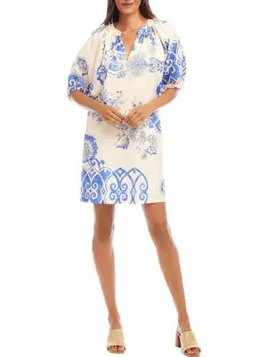 Karen Kane Puff Sleeve Cotton Peasant Minidress - White/blue Print