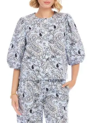 Karen Kane Puff Sleeve Button-up Top - Blue Paisley