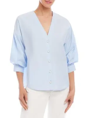 Karen Kane Lantern Sleeve Button-up Shirt - Light Blue