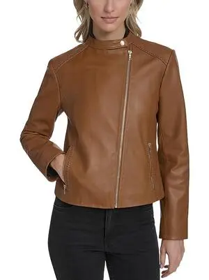 Cole Haan Stand Collar Leather Racer Jacket - Hazelnut