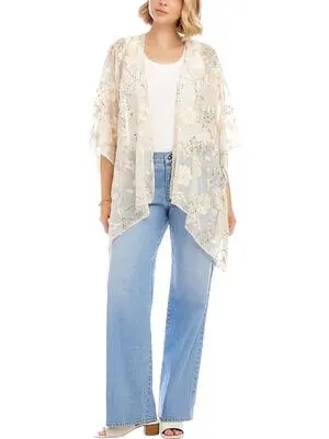 Karen Kane Floral Embroidered Open Front Jacket - Off White