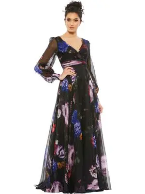 Mac Duggal Floral Print Chiffon Maxi Dress - Black Multi