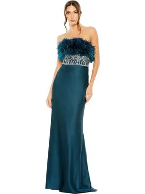 Mac Duggal Strapless Feather And Rhinestone Detailed Gown - Teal
