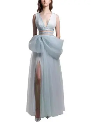 GEMY MAALOUF Maxi Dress With Embellished Waist And Bow - Blue