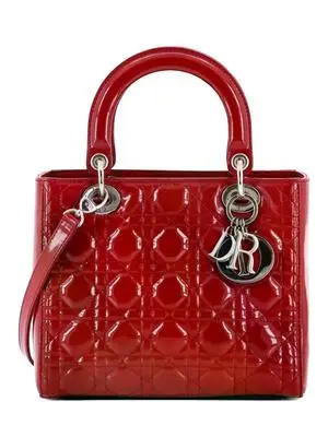 Dior Lady Cannage Quilt Patent Medium Satchel - Red