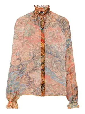 Etro Printed Ruffled Silk Shirt Multicoloured