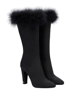 Valentino Garavani Feather-trimmed Knee-high Boots - Black